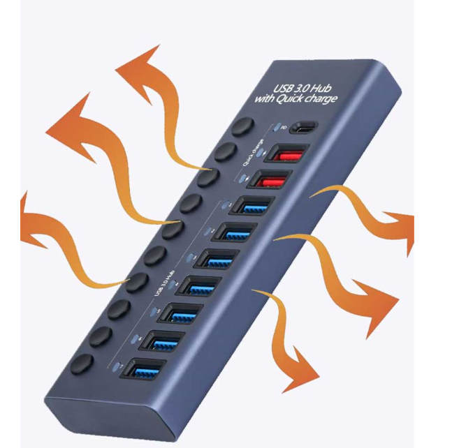 10-Port USB 3.0 Hub with Quick Charge and Power Switches
